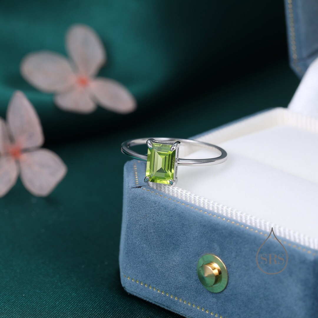 Genuine Emerald Cut Peridot Ring in Sterling Silver, Natural Peridot ...