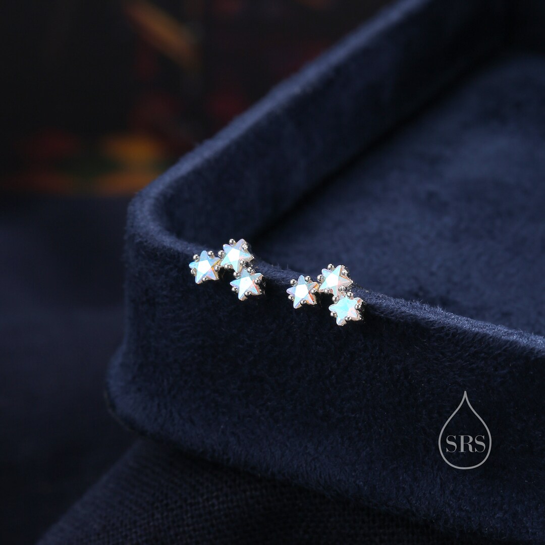Tiny Star Aurora AB CZ Trio Stud Earrings in Sterling Silver, Silver, Gold or Rose Gold, Three ...