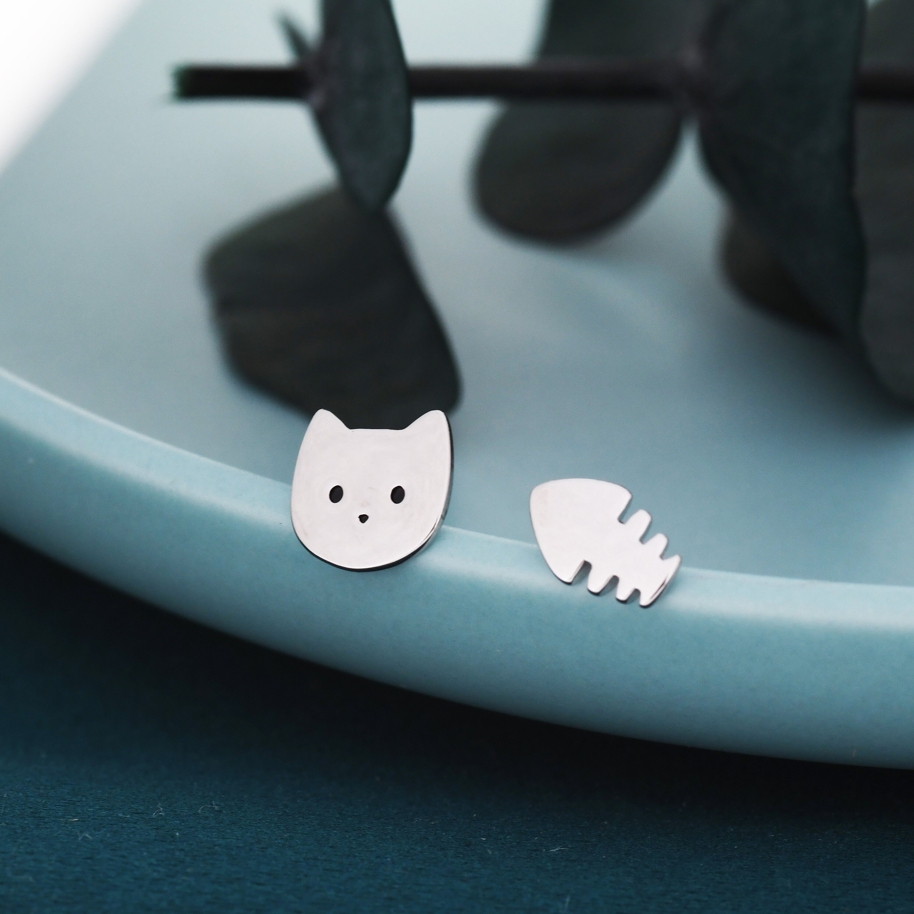 Mismatched Cat and Fishbone Stud Earrings in Sterling Silver ...