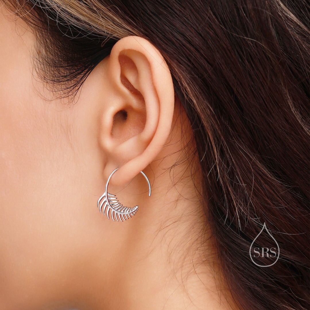 Sterling Silver Fern Leaf Open Hoops, Dainty Leaf Large Threader Hoops ...