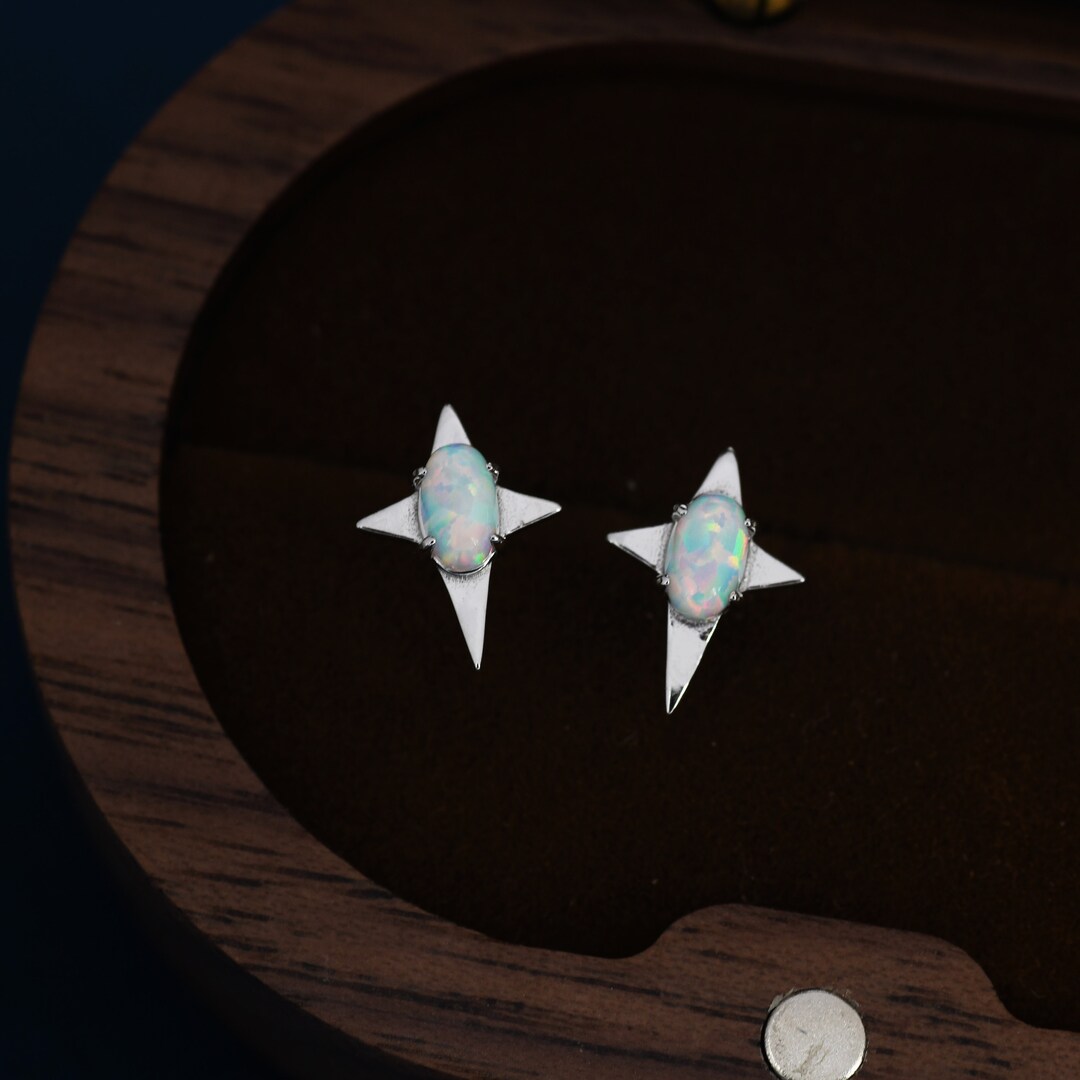 Opal Four Point Star Stud Earrings in Sterling Silver - Gold or Silver ...