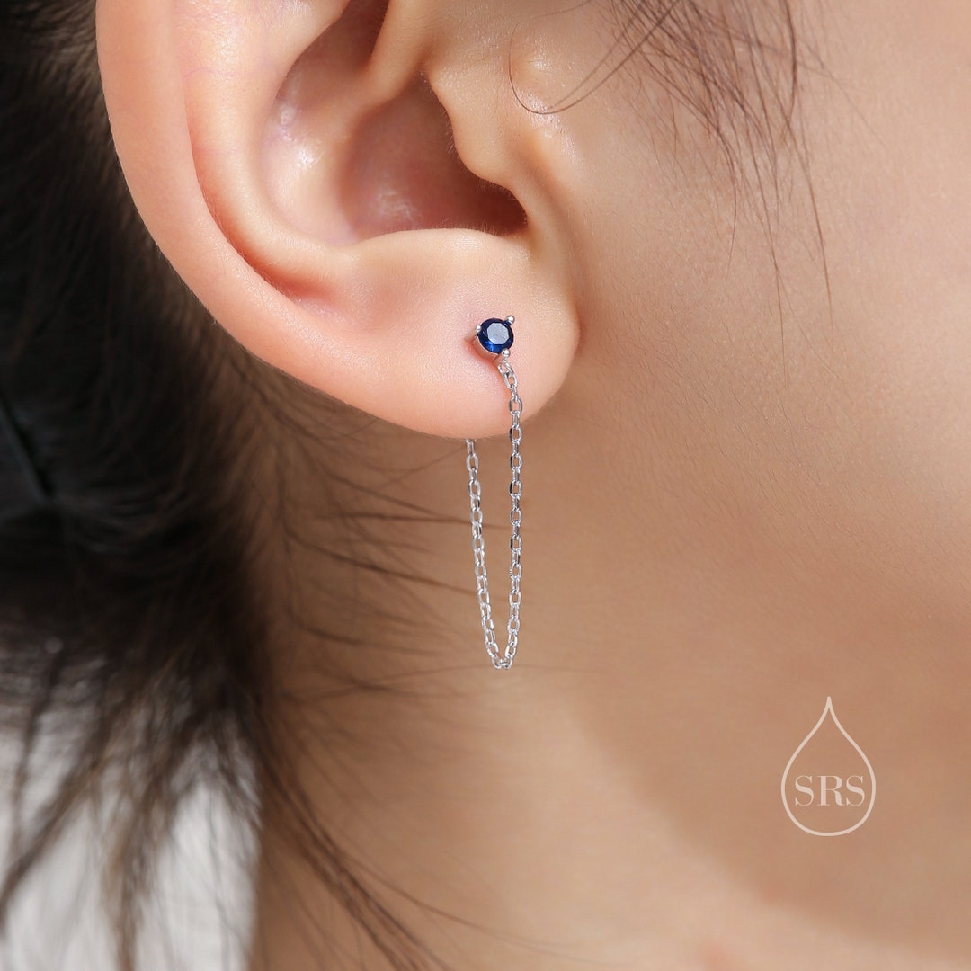 Sapphire Blue CZ and Chain Ear Jacket in Sterling Silver, Silver or ...
