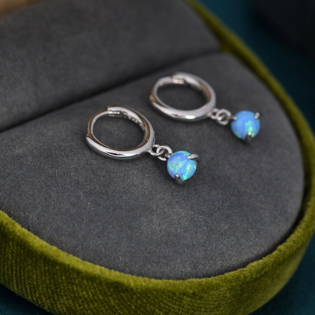 Blue Opal Dot Dangle Huggie Hoop Earrings in Sterling Silver, 4mm Tiny ...