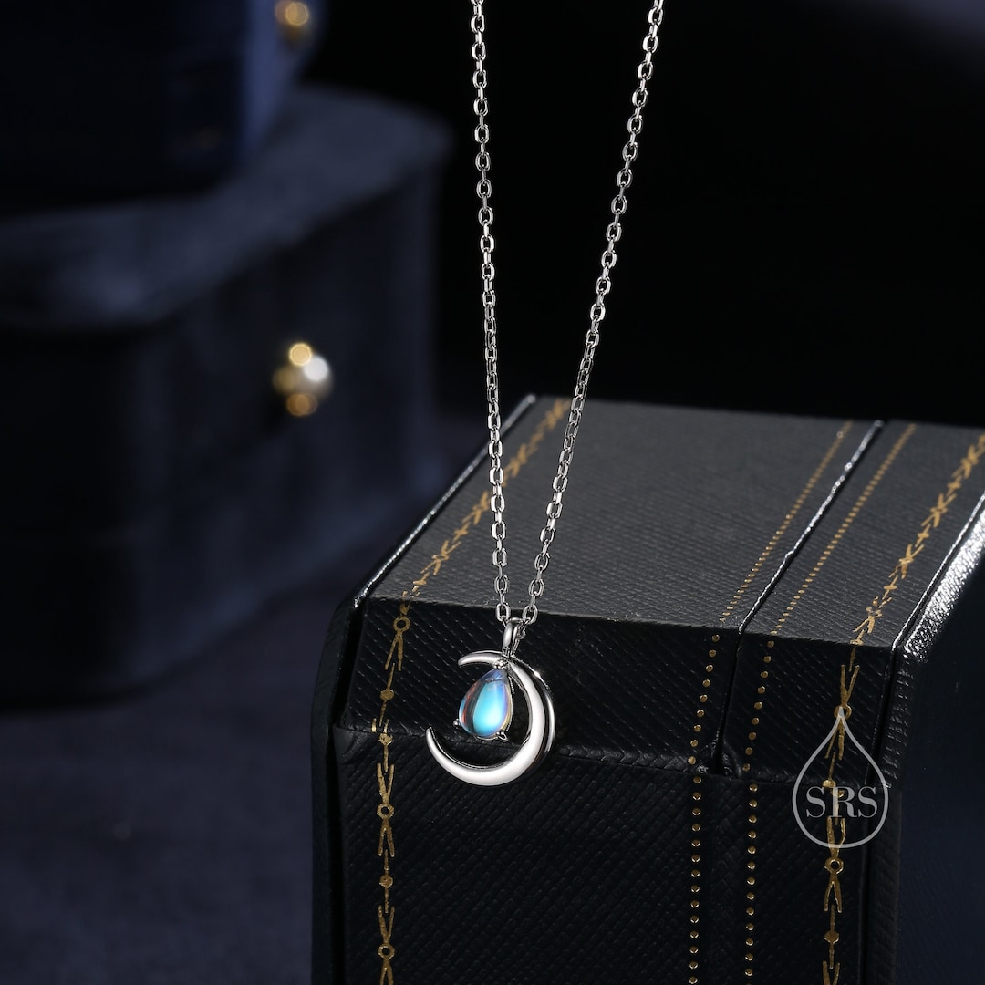 Moonstone Moon and Droplet Pendant Necklace in Sterling Silver, Silver ...