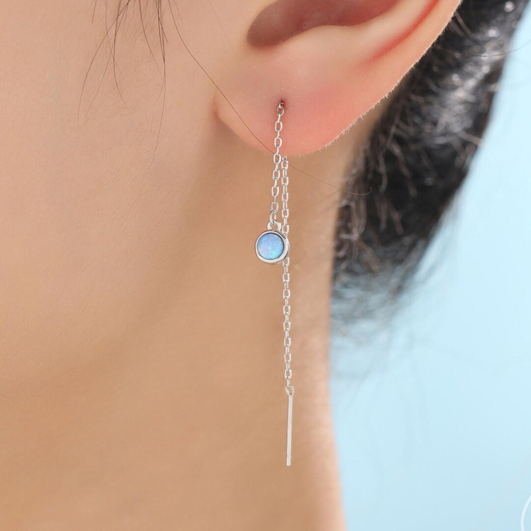 Sterling Silver Tiny Blue Opal Coin Ear Threader Earrings, Silver or ...