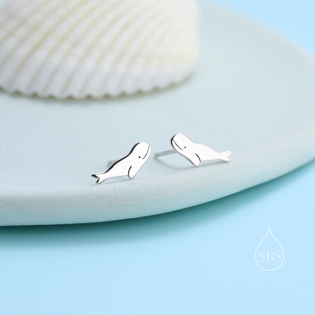 Beluga Whale Stud Earrings in Sterling Silver, Whale Fish Earrings ...