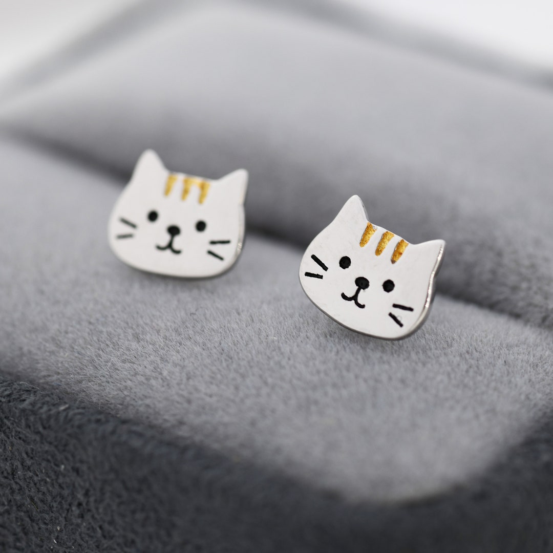 Orange Tabby Cat Stud Earrings in Sterling Silver, Cute Cat Earrings ...