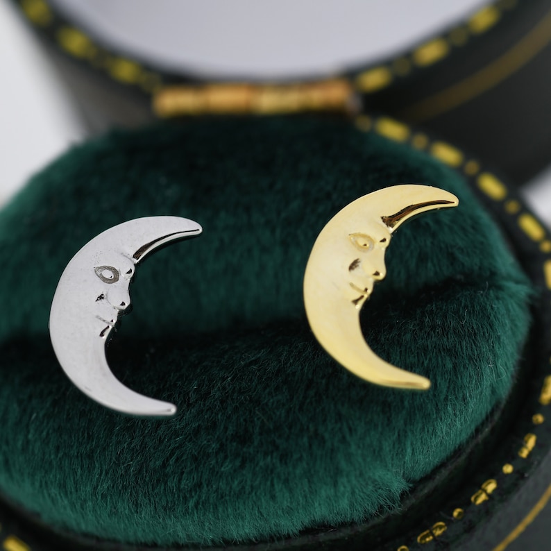 Man in the Moon Stud Earrings in Sterling Silver - Moon Face Earrings ...