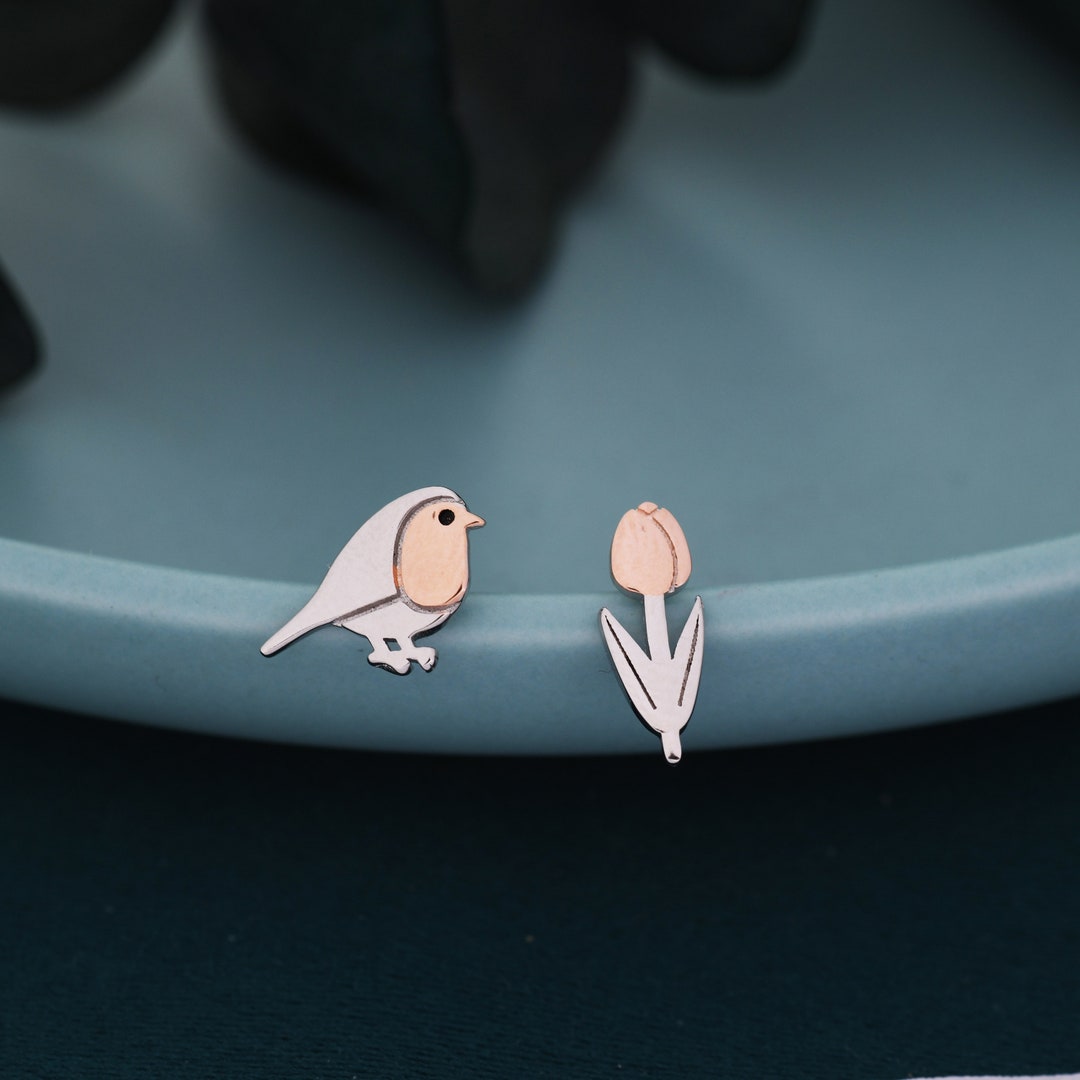Mismatched Robin Bird and Tulip Flower Stud Earrings in Sterling Silver ...