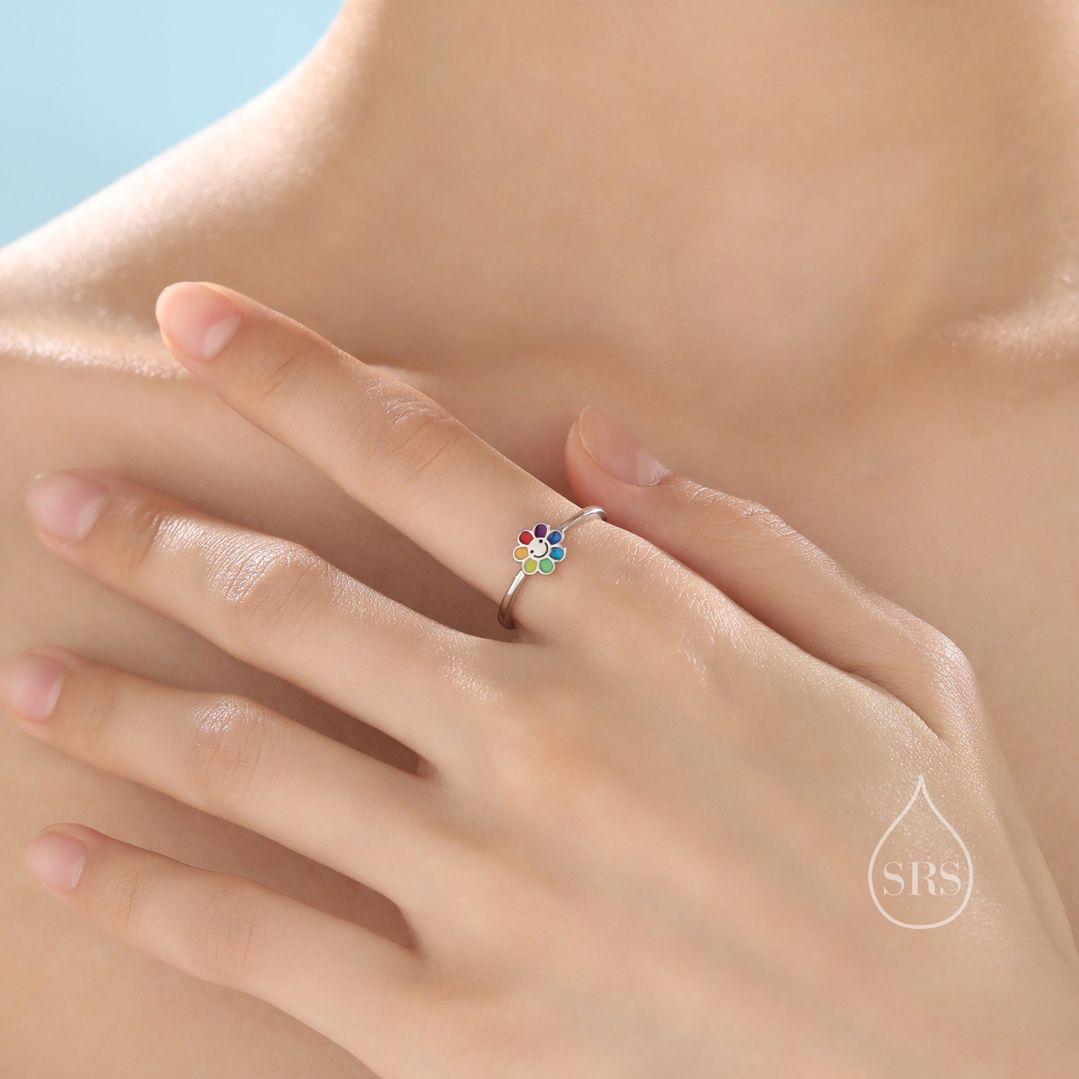 Sterling Silver Cute Little Smiling Flower Ring, Adjustable Size, Cute ...