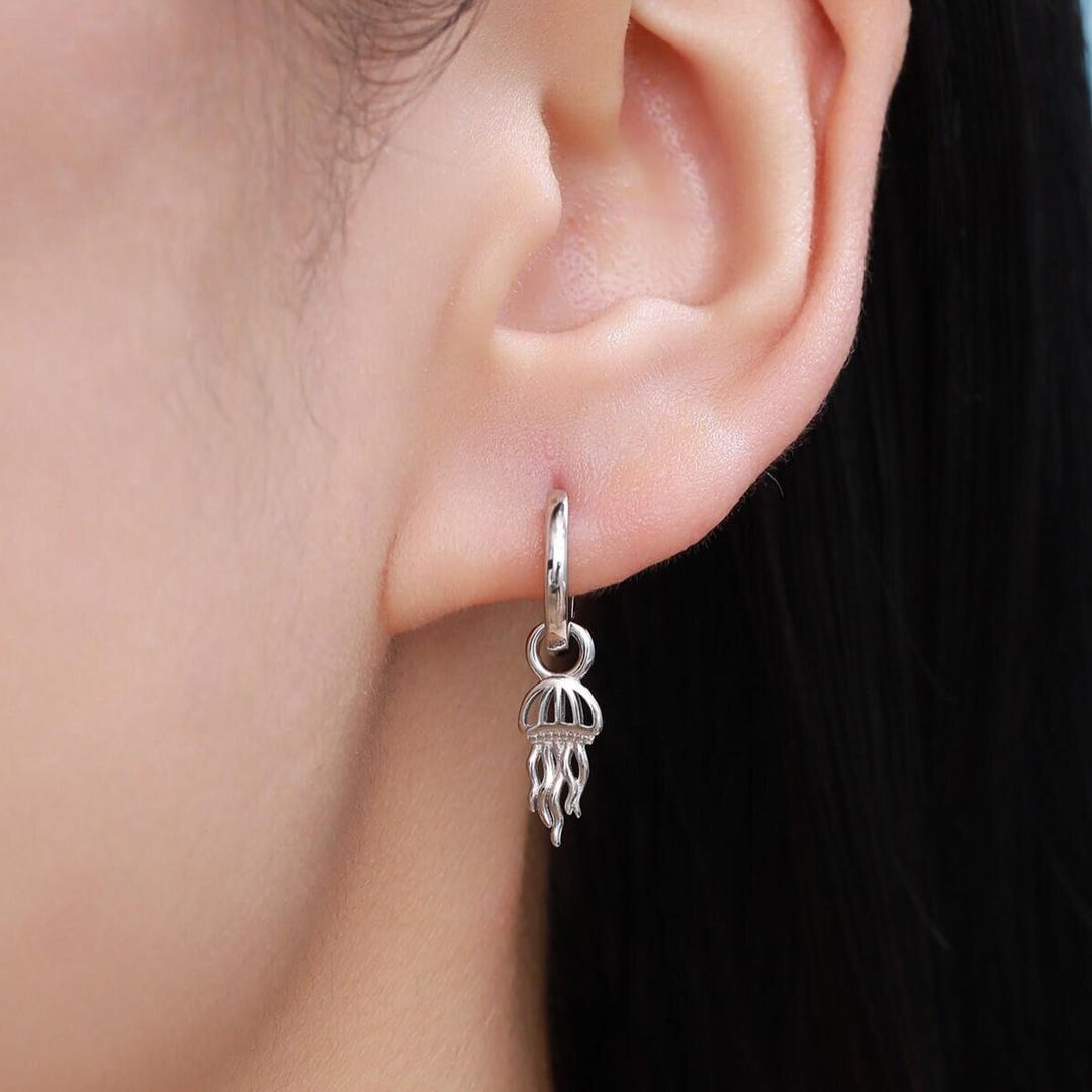 Sterling Silver Jellyfish Dangle Huggie Hoops, Detachable Jellyfish ...