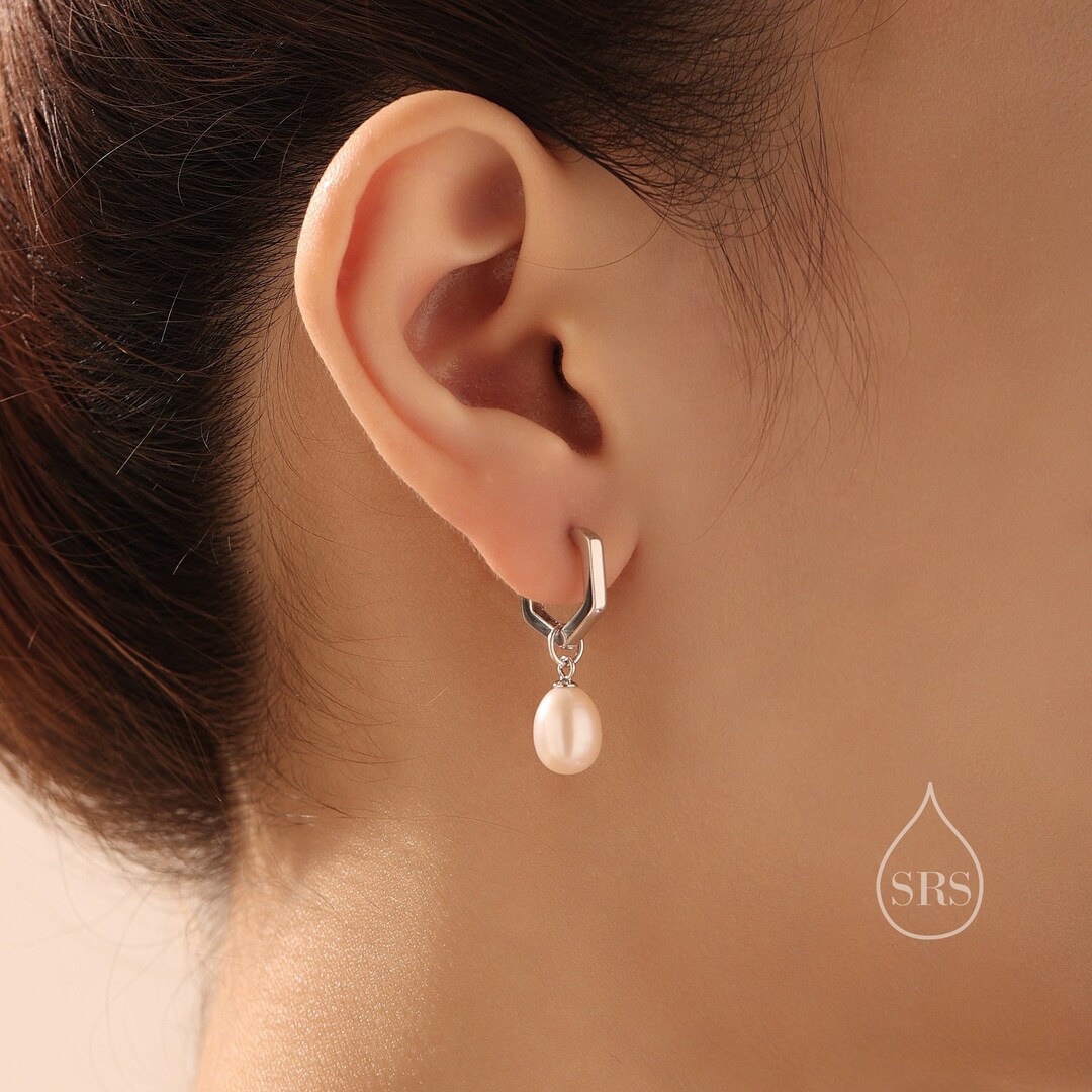 Hexagon Hoops With Dangling Oval Pearl Drop Earrings in Sterling Silver ...