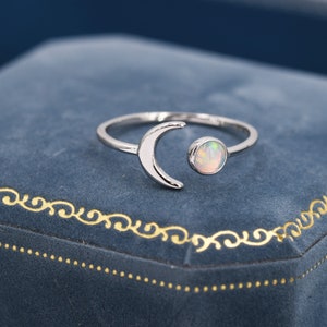 Sterling Silver Opal Moon Ring, Full Moon and Cresent Moon, Adjustable Sized Ring, Open Ring ...