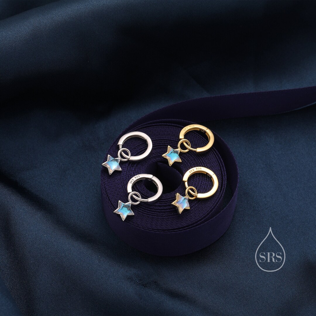 Moonstone Star Dangle Huggie Hoop Earrings in Sterling Silver, Silver or Gold, Simulated ...