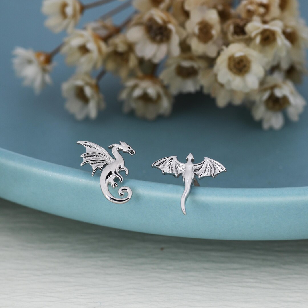 Extra Tiny Mismatched Dragon Stud Earrings in Sterling Silver, Silver ...