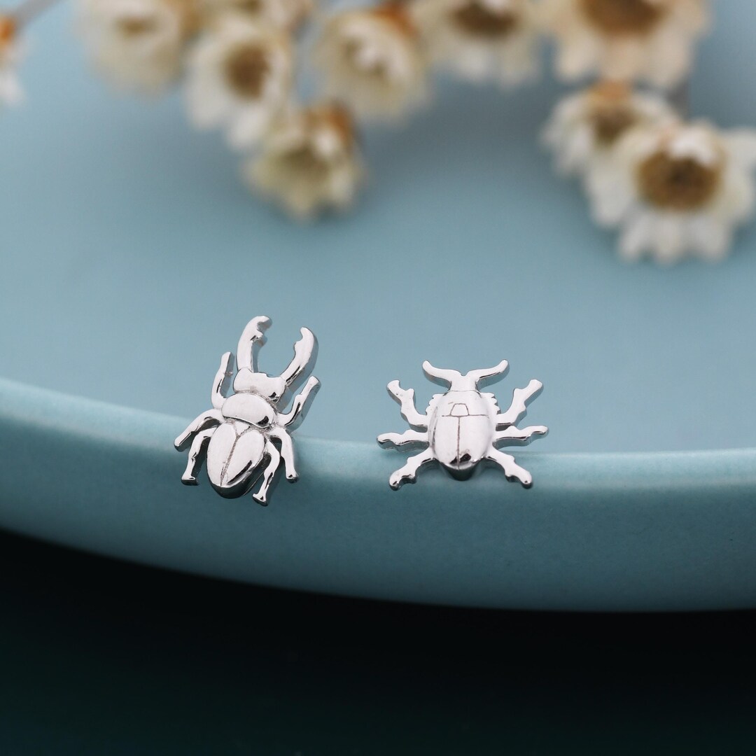 Tiny Mismatched Stag Beetle Stud Earrings in Sterling Silver, Silver or Gold or Rose Gold ...
