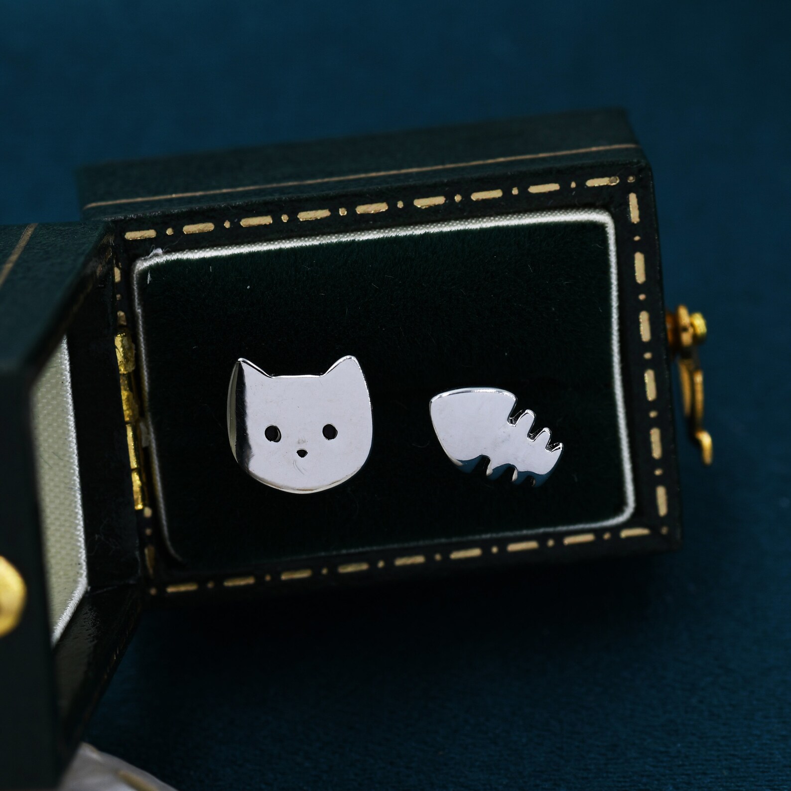 Mismatched Cat and Fishbone Stud Earrings in Sterling Silver ...