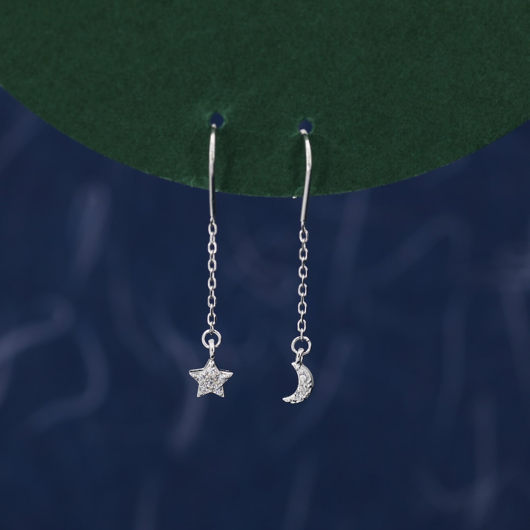 Asymmetric Star and Moon CZ Drop Earrings in Sterling Silver, Delicate ...
