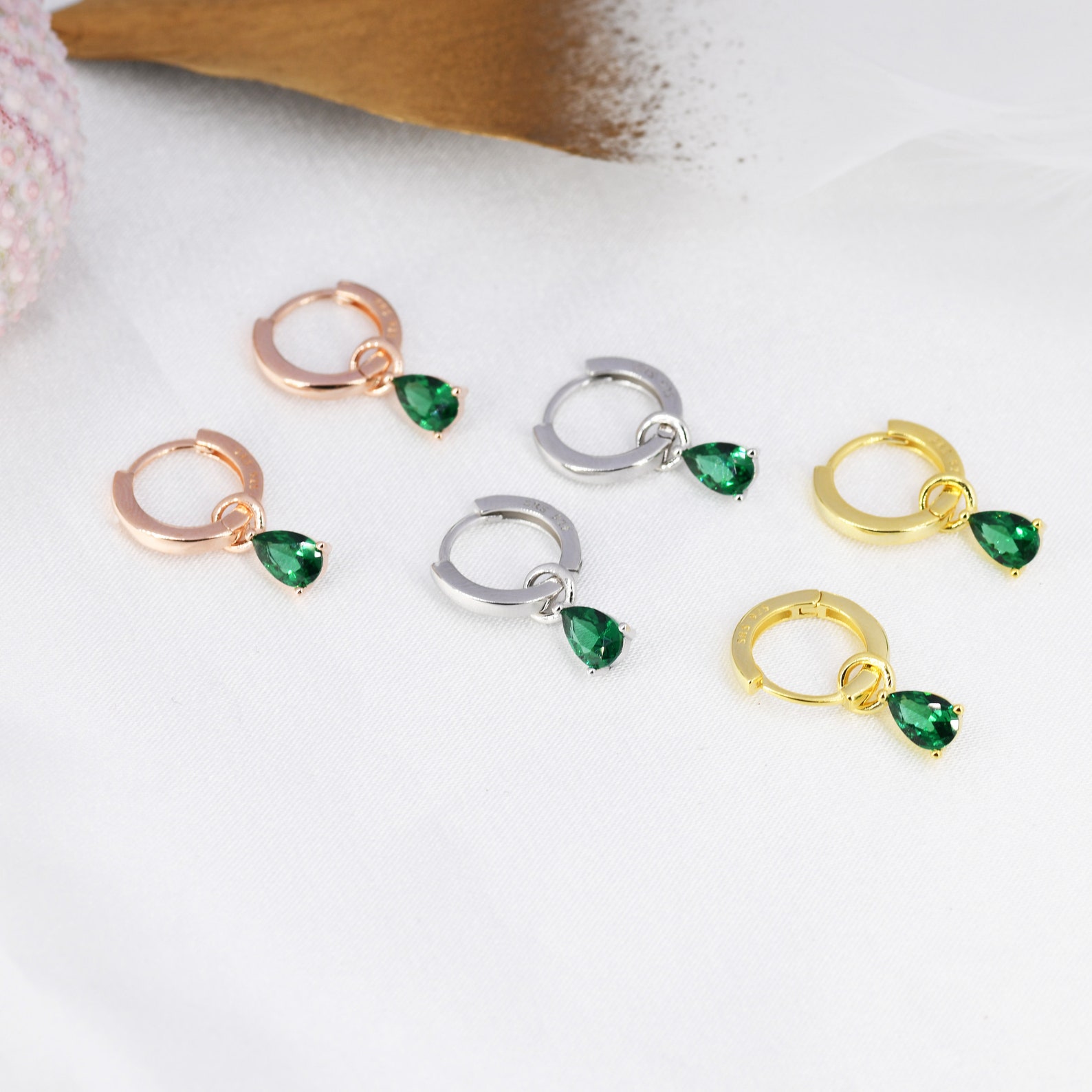 Sterling Silver Emerald Green CZ Droplet Hoop Earrings - Etsy UK