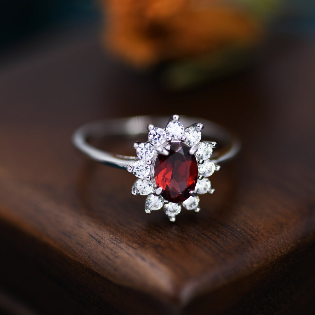 Genuine Garnet and CZ Halo Ring in Sterling Silver, Natural Garnet ...