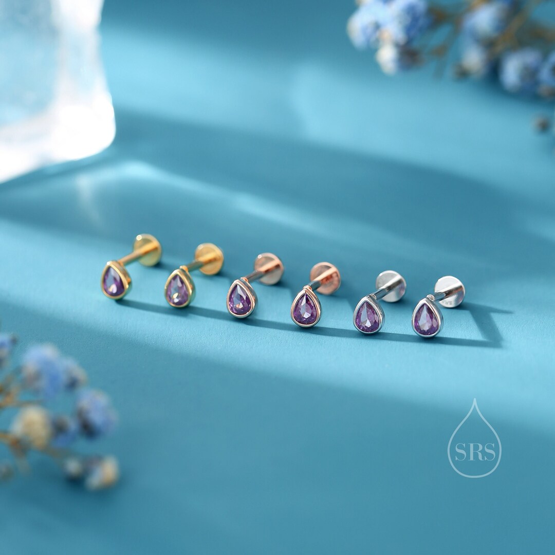 Purple CZ Droplet Internally Threaded Flat Back/ Screw Back / Stud ...