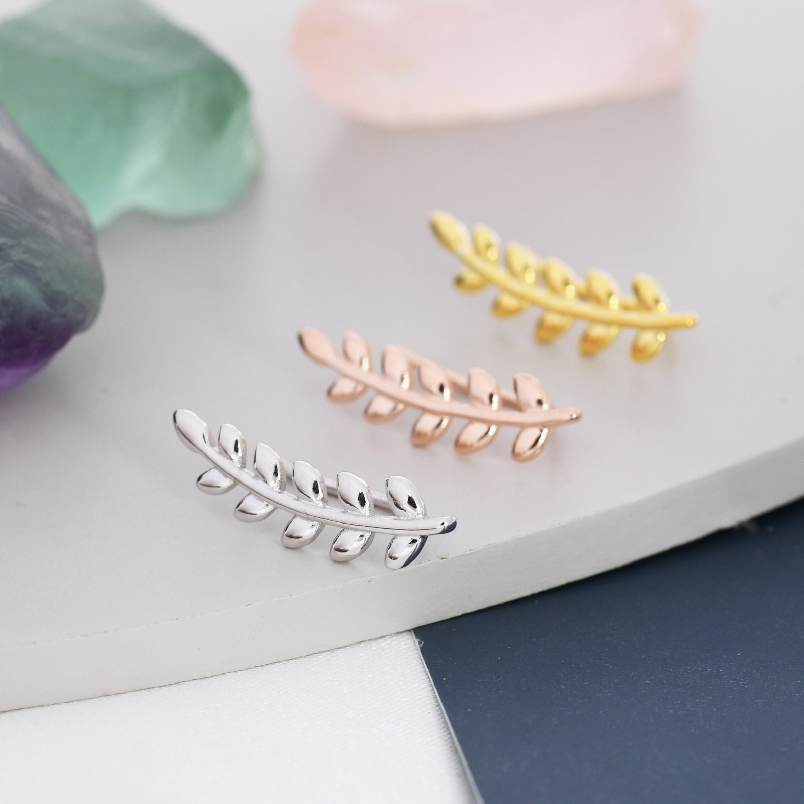 Leaf Crawler Earrings in Sterling Silver Silver Gold or Rose - Etsy