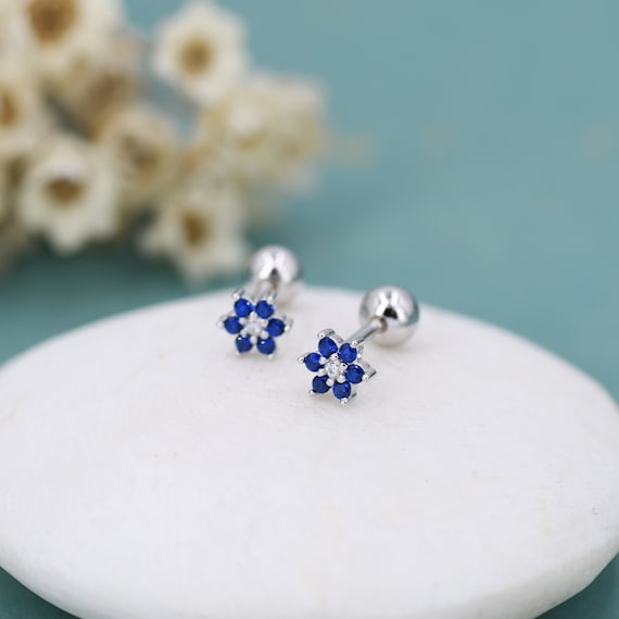 Very Tiny Sapphire Blue CZ Flower Screw Back Stud Internally Threaded Flat Back Earrings in Sterling Silver Silver or Gold or Rose Gold Etsy