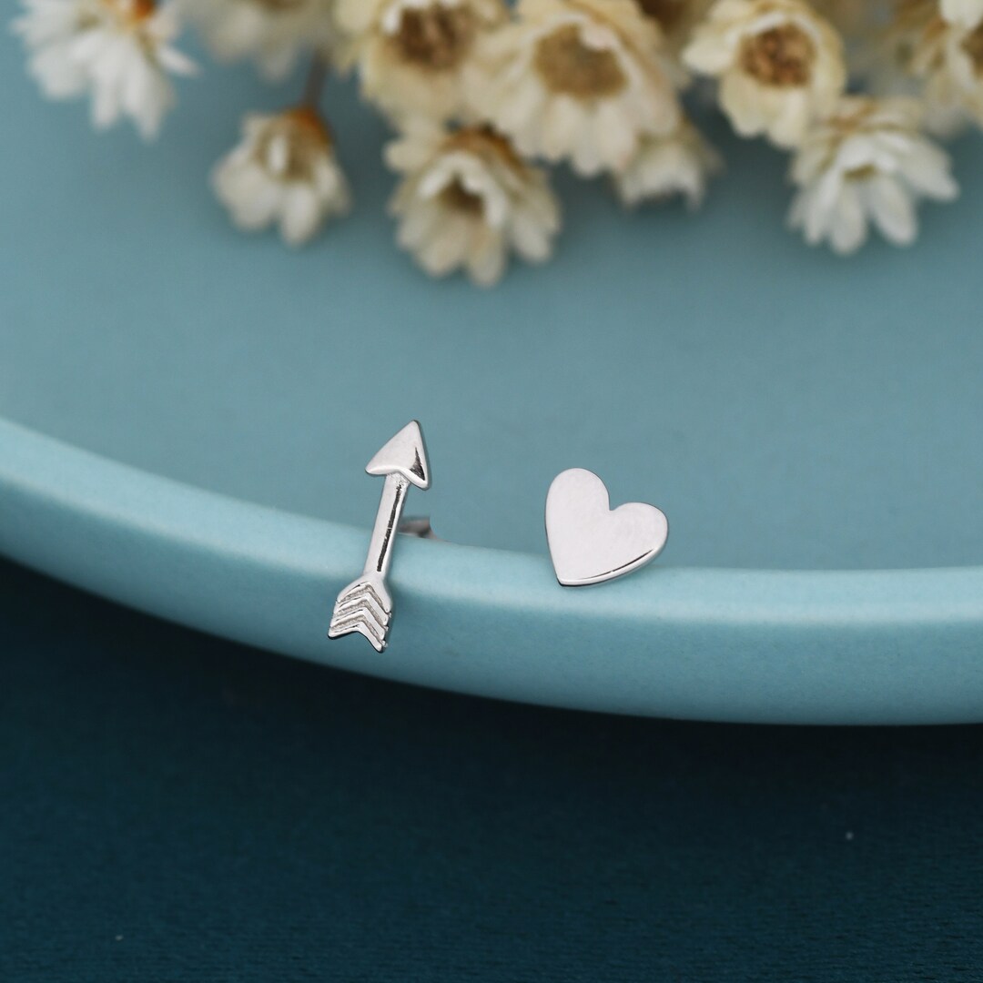 Mismatched Tiny Arrow and Heart Stud Earrings in Sterling Silver ...