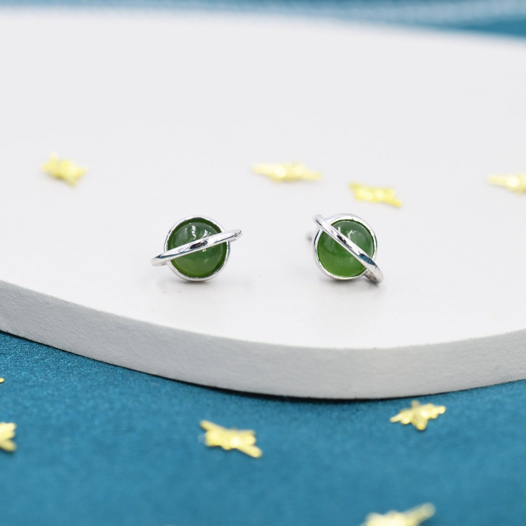 Genuine Jade Crystal Planet Stud Earrings in Sterling Silver, Green ...