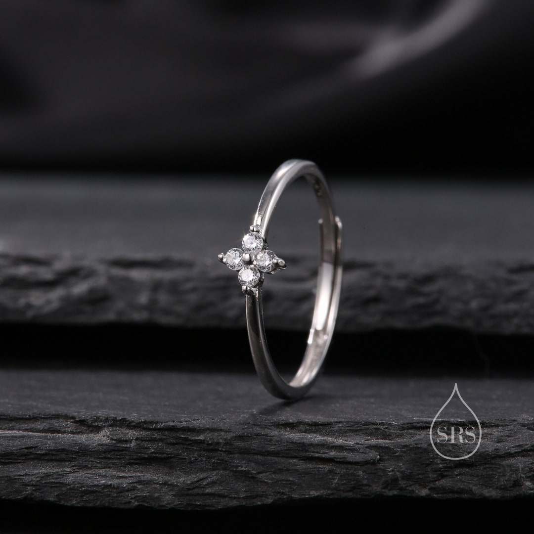 Hydrangea CZ Flower Minimalist Ring in Sterling Silver, Four Crystal ...