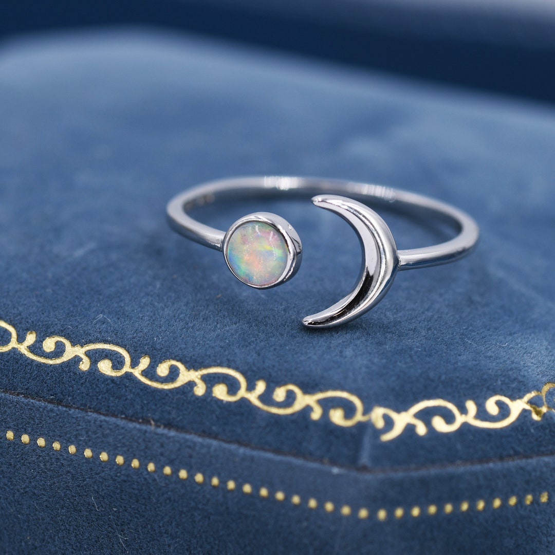Sterling Silver Opal Moon Ring, Full Moon and Cresent Moon, Adjustable Sized Ring, Open Ring ...