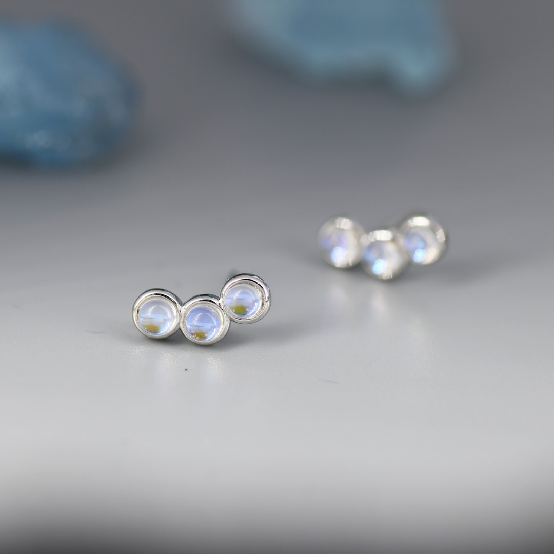 Sterling Silver Moonstone Trio Stud Earrings, Three Moonstone Earrings ...