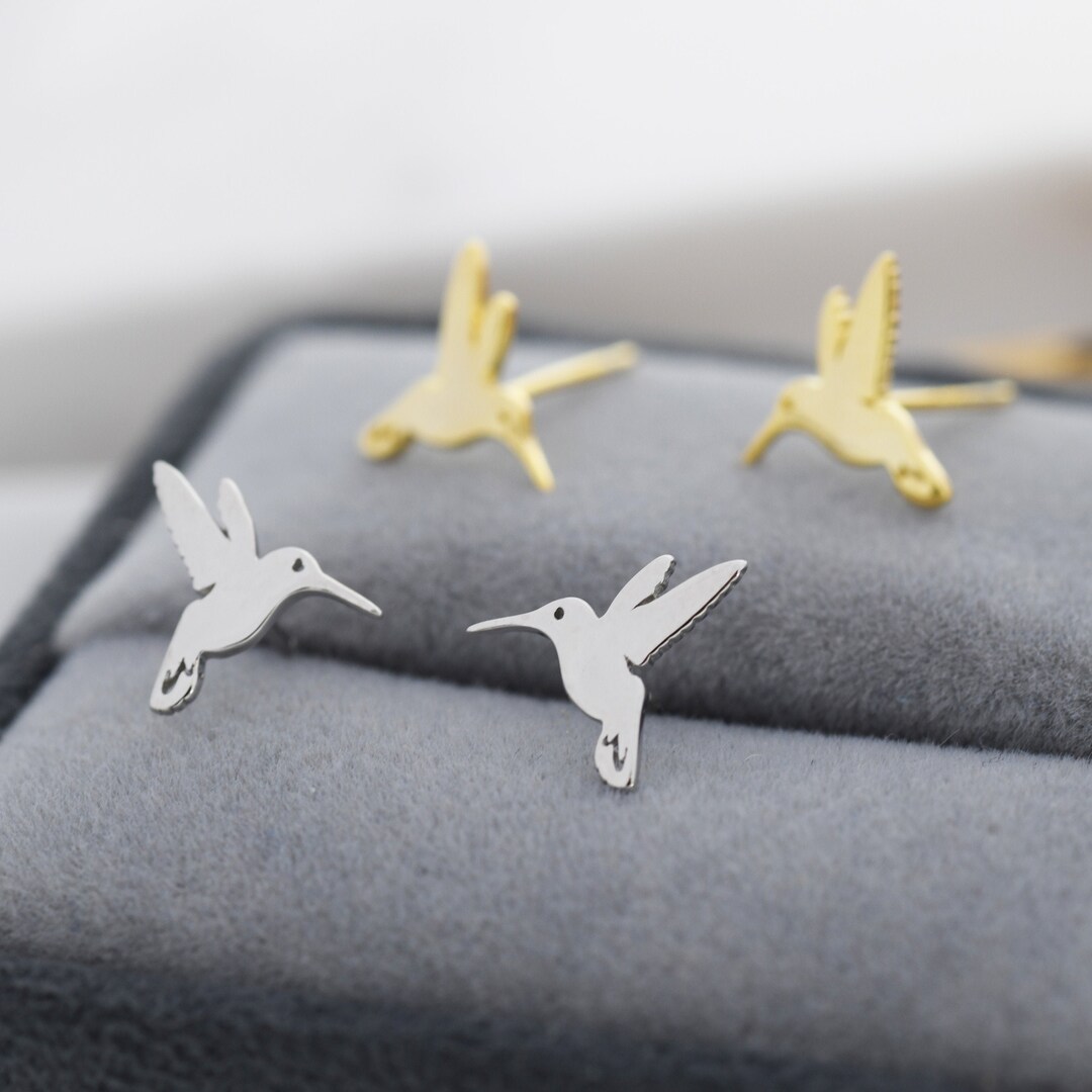 Hummingbird Stud Earrings in Sterling Silver, Silver or Gold, Flying ...