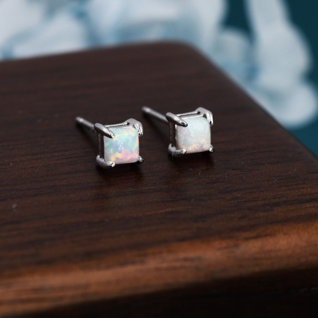 White Opal Square Stud Earrings in Sterling Silver - Gold or Silver ...