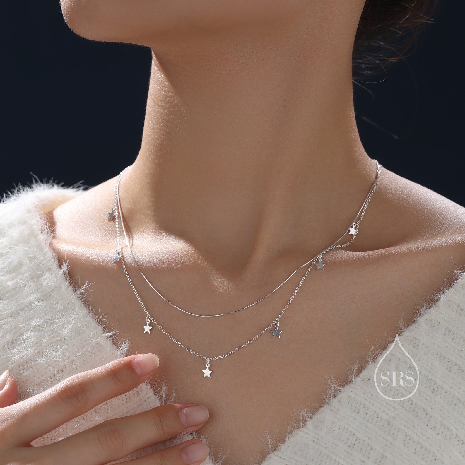 Double Layer Tiny Star Charm Necklace in Sterling Silver, Star Motif ...