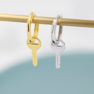 Dangling Key Hoop Earrings in Sterling Silver, Detachable Lock Charm ...