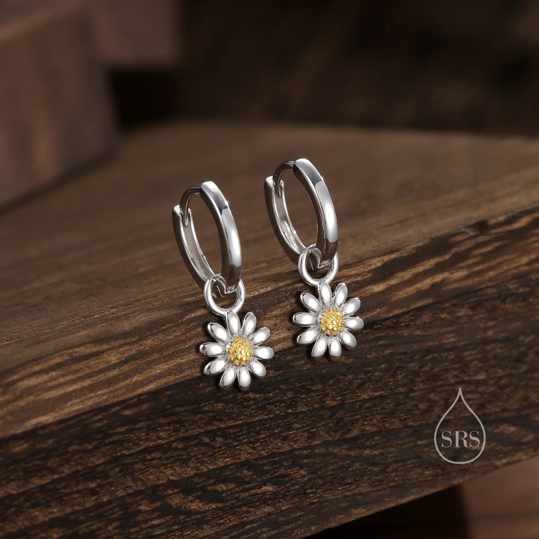Daisy Flower Charmed Hoop Earrings in Sterling Silver - Cute Flower ...