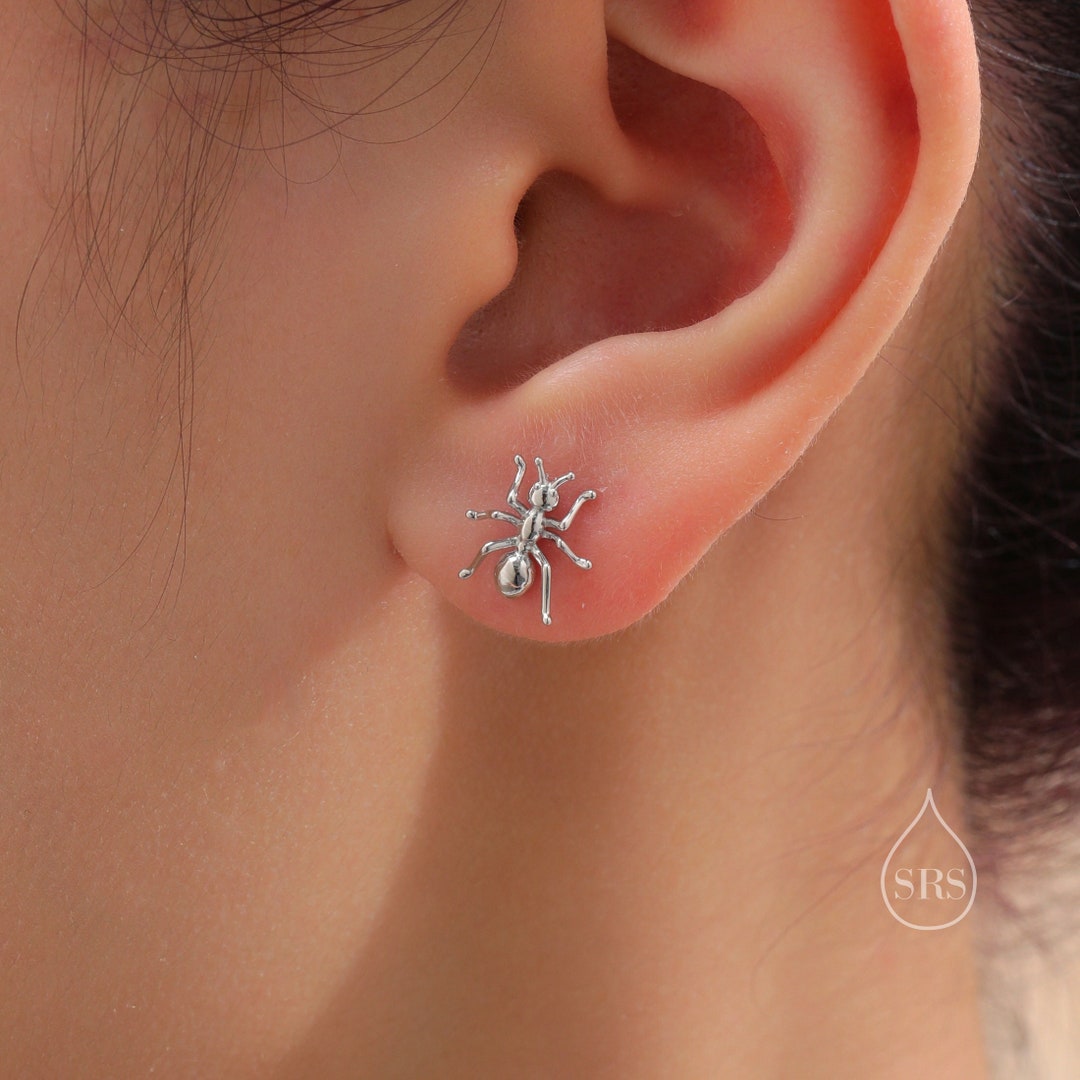 Ant Stud Earrings in Sterling Silver, Silver or Gold or Rose Gold, Ant ...