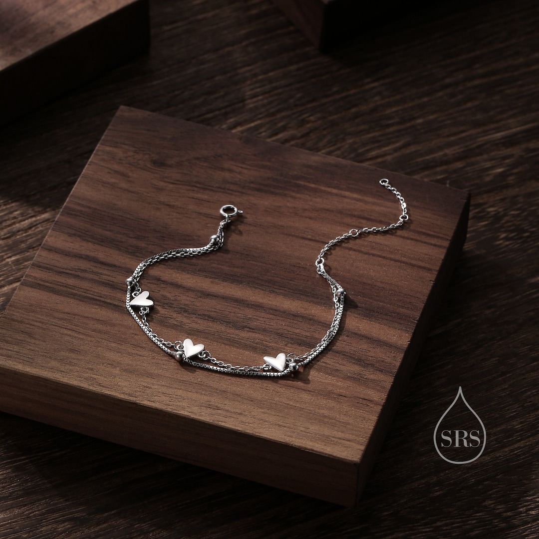 Double Layer Heart Bracelet in Sterling Silver, Silver or Gold or Rose ...
