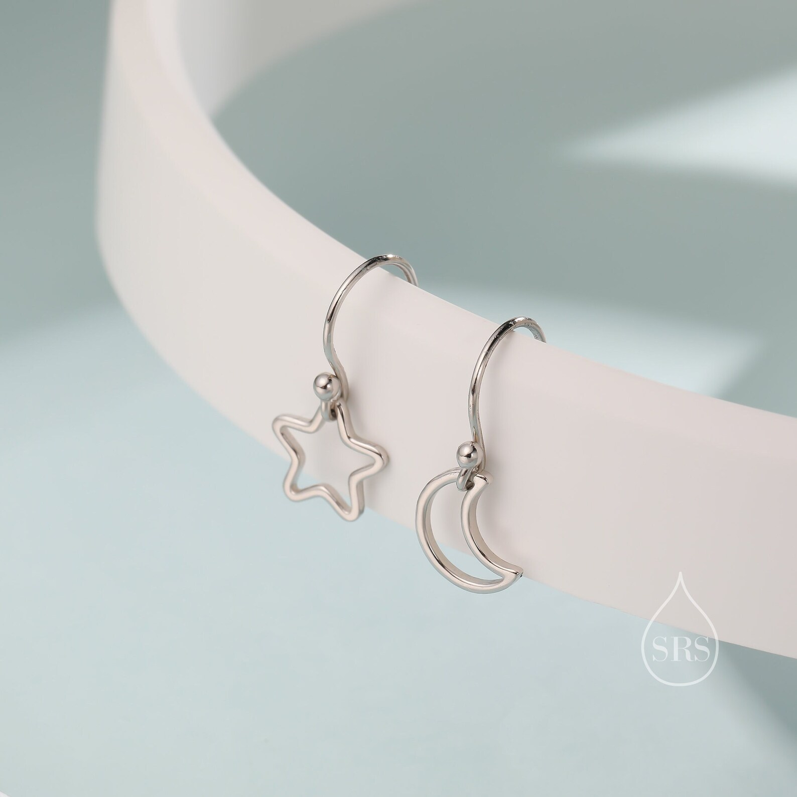 Asymmetric Star and Moon Drop Earrings in Sterling Silver, Delicate ...