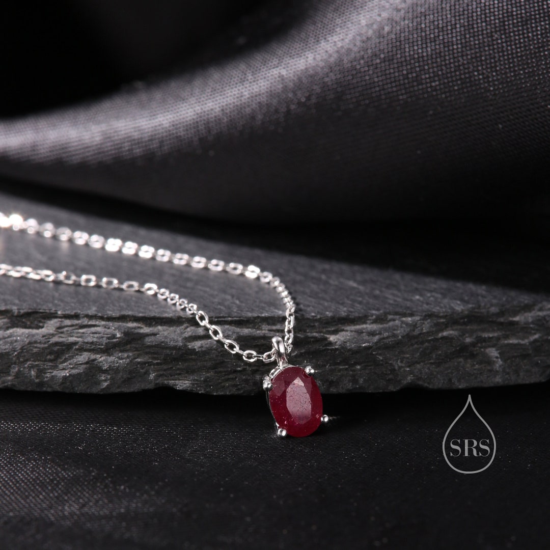 Tiny Genuine Raw Ruby Crystal Oval Pendant Necklace in Sterling Silver ...
