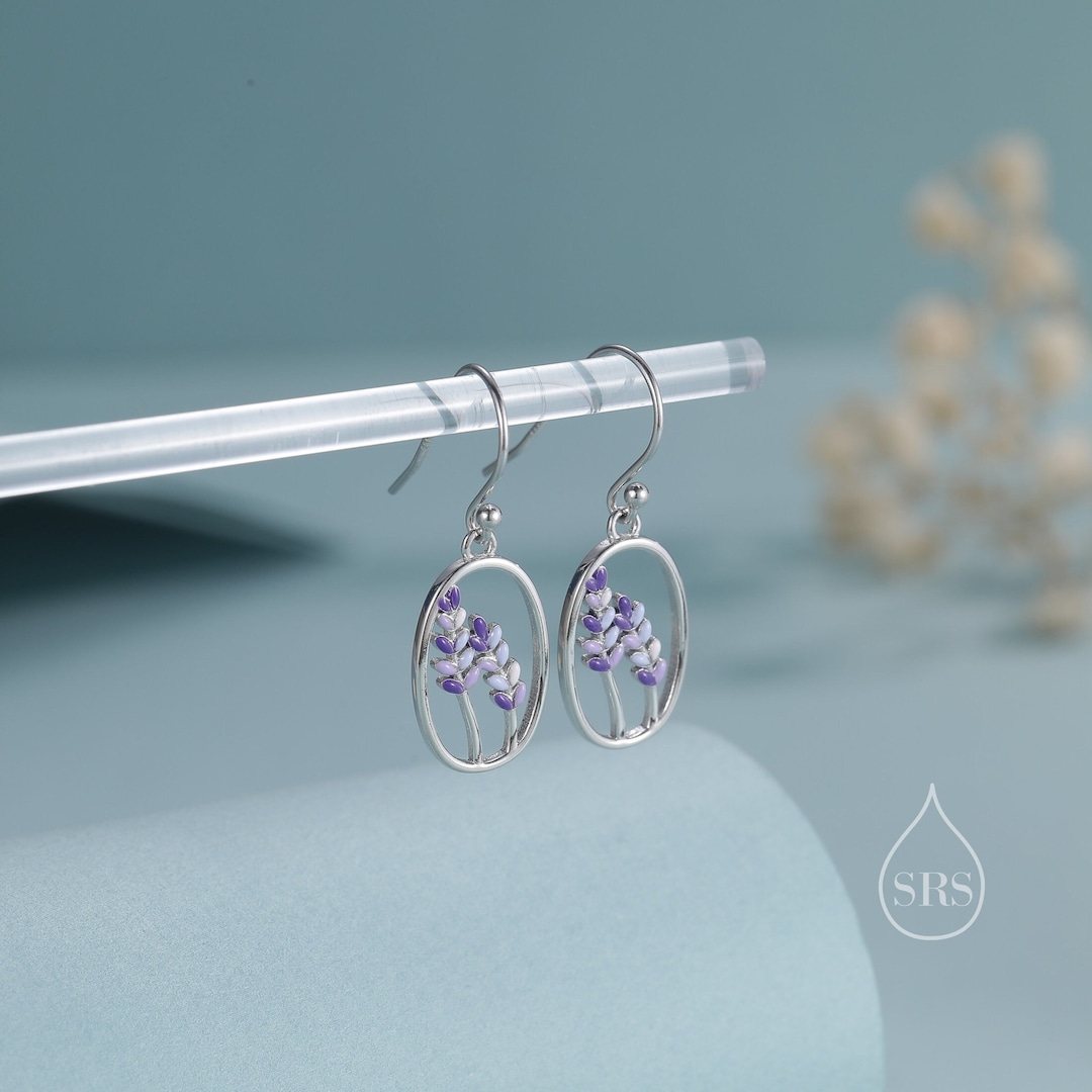 Sterling Silver Lavender Drop Hook Earrings, Handpainted Enamel ...
