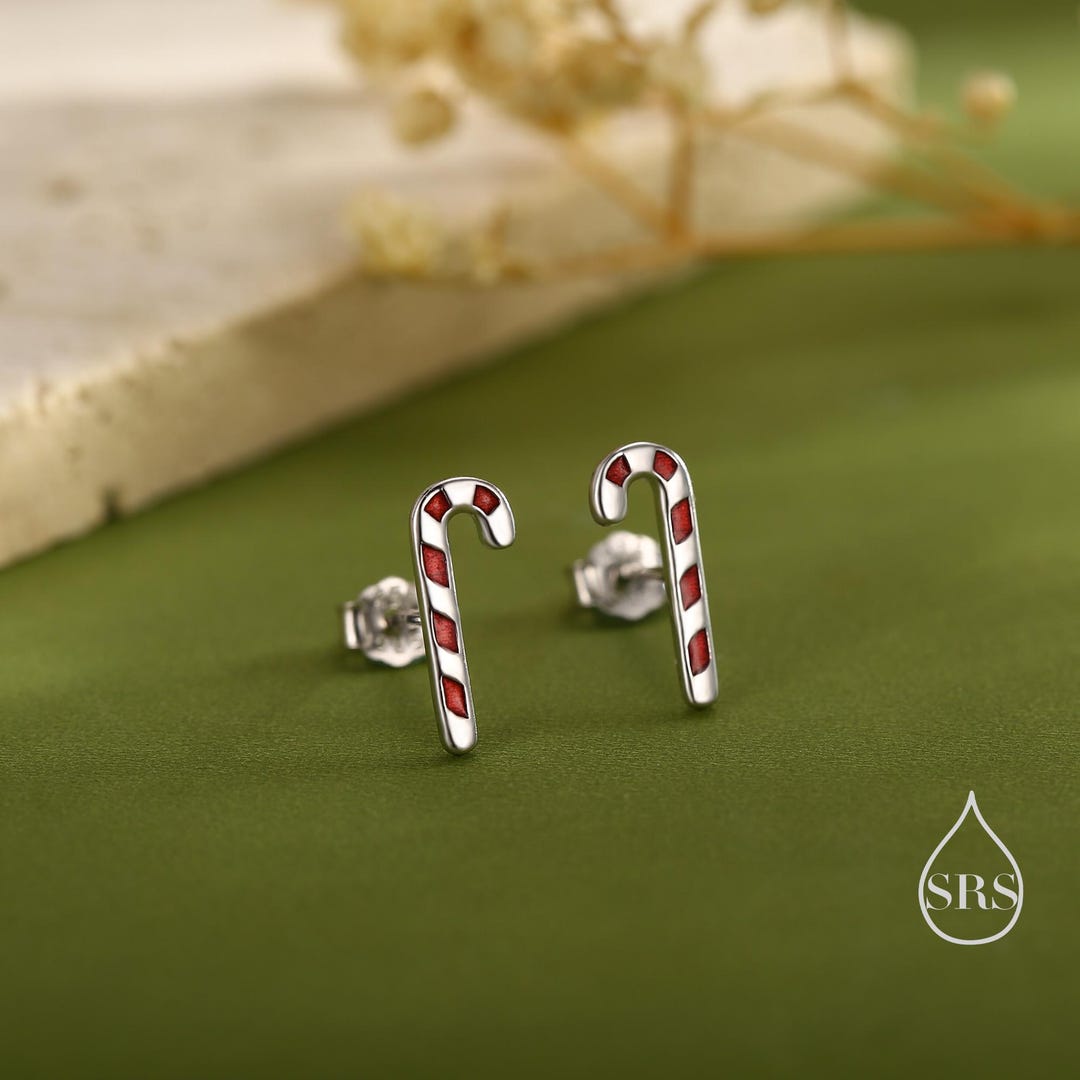 Tiny Candy Cane Stud Earrings in Sterling Silver, Silver or Gold Finish ...