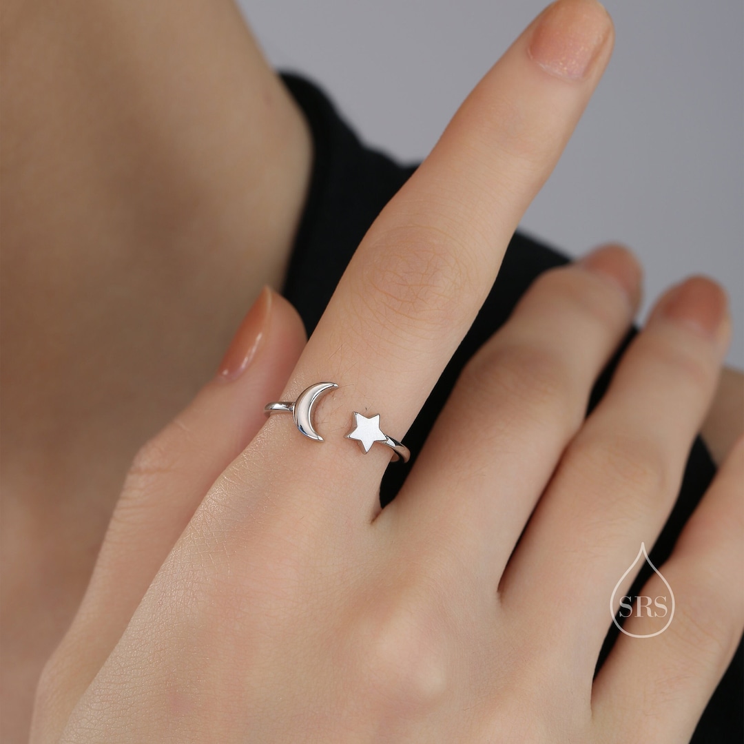 Sterling Silver Moon and Star Open Ring, Adjustable Size, Celestial ...