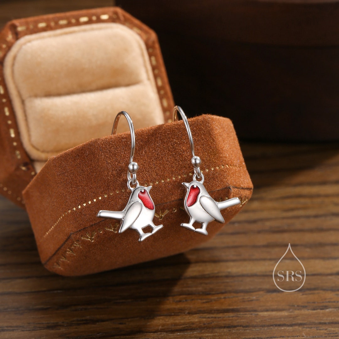 Robin Bird Drop Hook Earrings in Sterling Silver With Enamel Coating ...