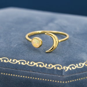 Sterling Silver Opal Moon Ring, Full Moon and Cresent Moon, Adjustable Sized Ring, Open Ring ...