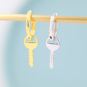Dangling Key Hoop Earrings in Sterling Silver, Detachable Lock Charm ...