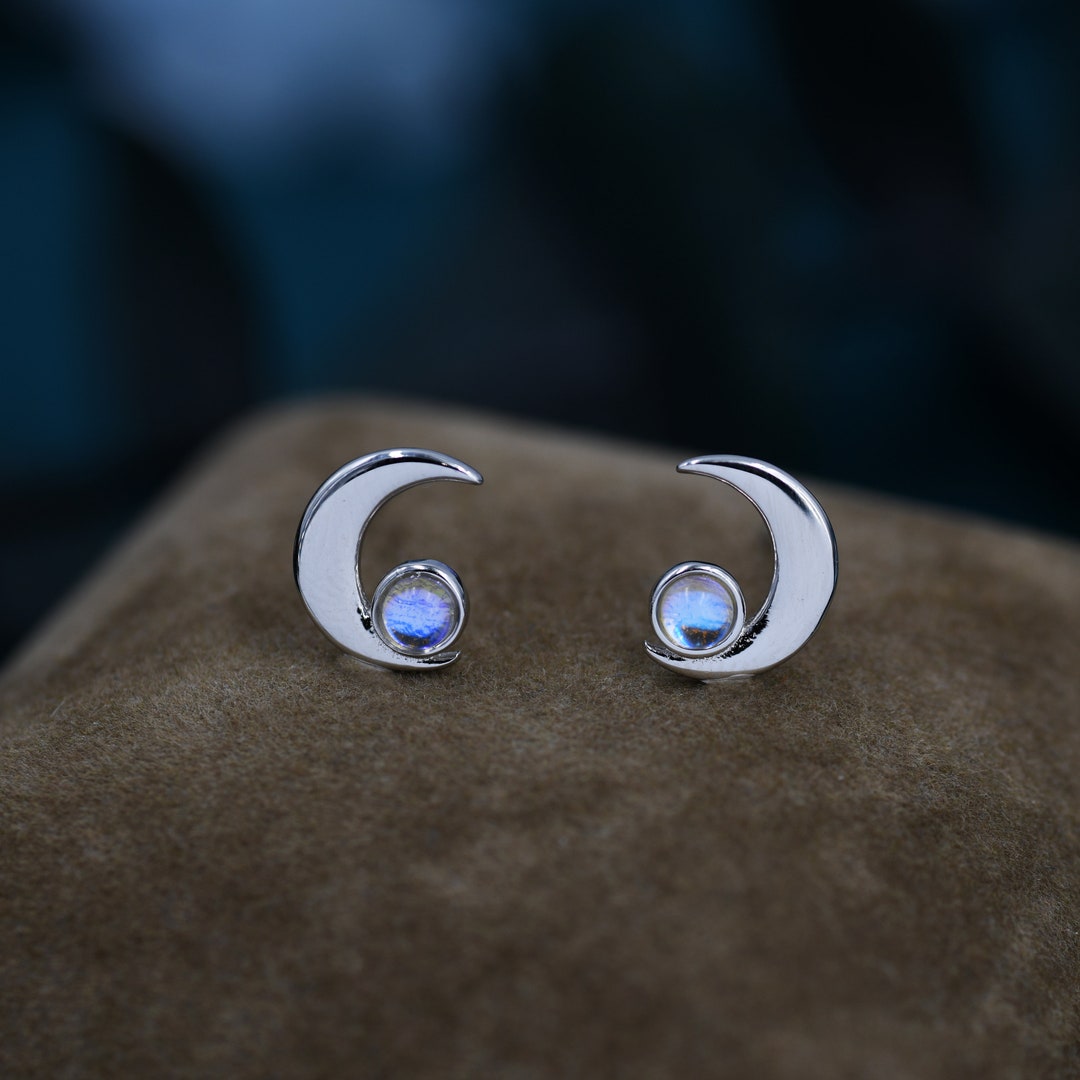 Cresent Moon With Moonstone Stud Earrings in Sterling Silver, Moon ...