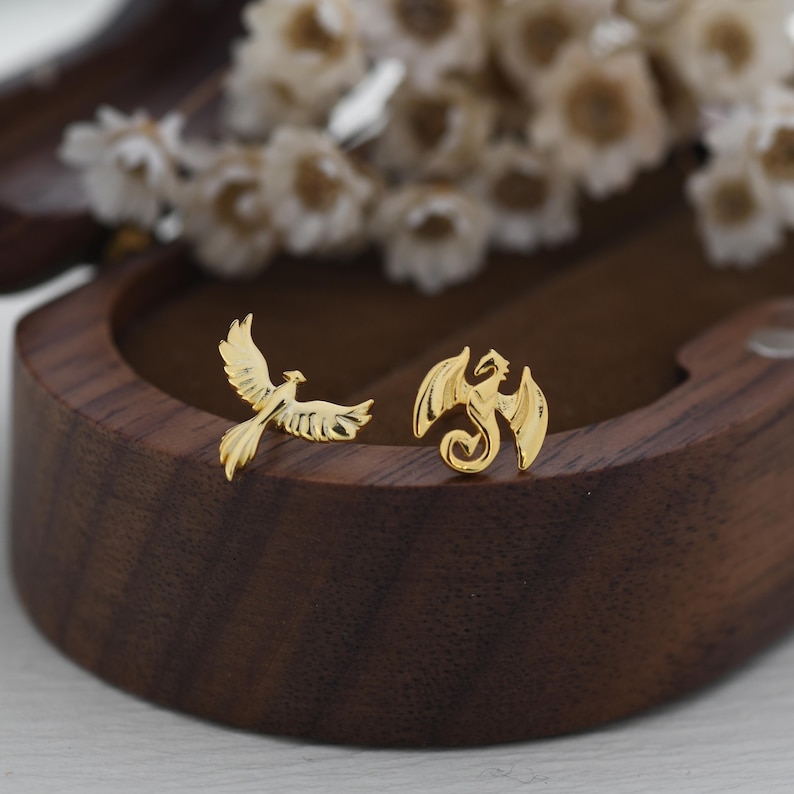 Mismatched Dragon and Phoenix Stud Earrings in Sterling Silver, Silver ...