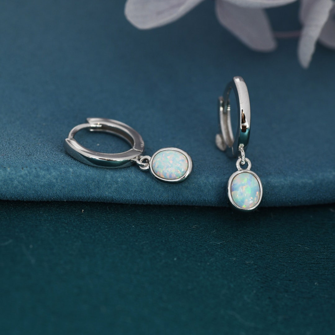 Sterling Silver Dangling Oval Opal Hoop Earrings, Fire Opal Charm ...